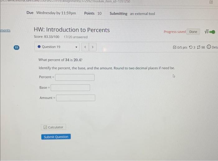 Solved What percent of 34 is 20.4 ? Identify the percent, | Chegg.com