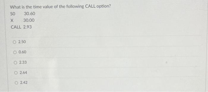 Solved What is the time value of the following CALL option? | Chegg.com