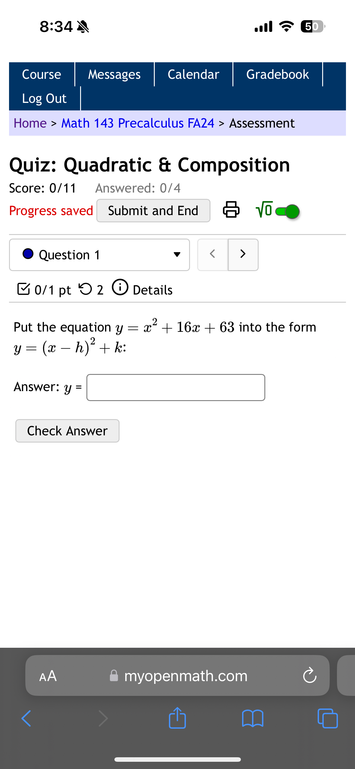 Solved 01 ﻿pt2DetailsPut the equation y=x2+16x+63 ﻿into the | Chegg.com