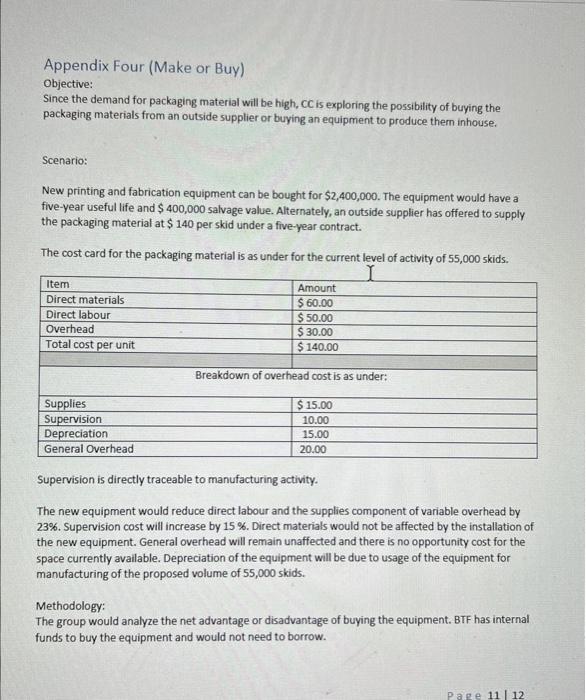 Appendix Four (Make or Buy) Objective: Since the | Chegg.com