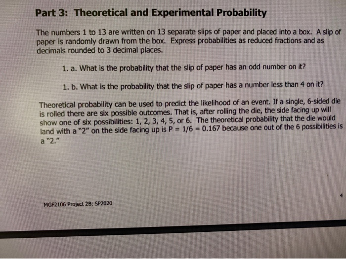 Solved Part 3: Theoretical and Experimental Probability The | Chegg.com