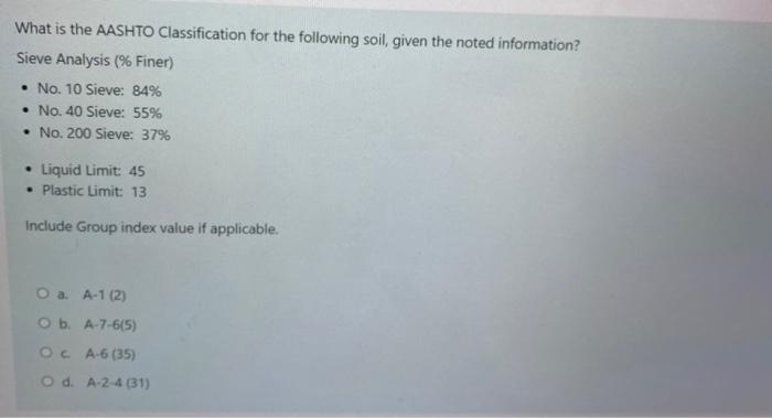 Solved What is the AASHTO Classification for the following | Chegg.com