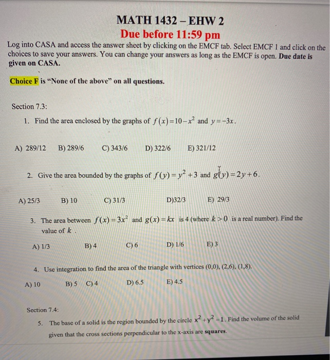 Solved MATH 1432 - EHW 2 Due before 11:59 pm Log into CASA | Chegg.com