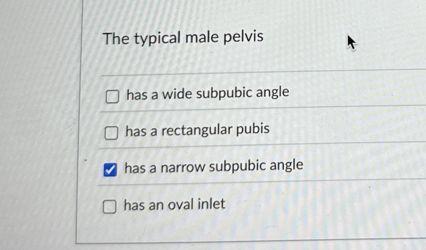 Solved The typical male pelvishas a wide subpubic anglehas a | Chegg.com