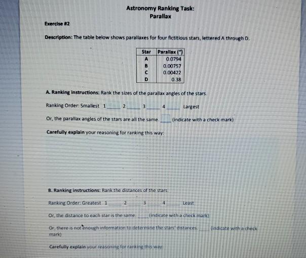 Solved Astronomy Ranking Task: Parallax Exercise #2 | Chegg.com