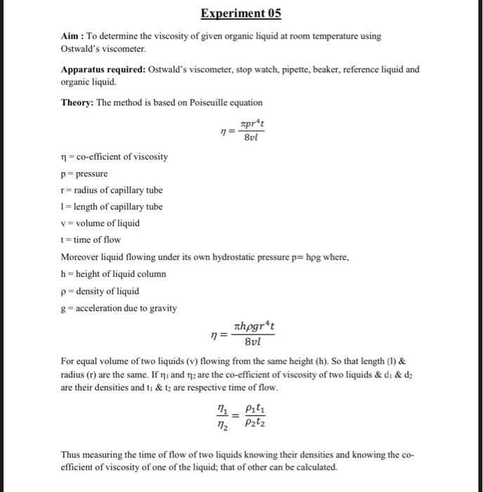 Solved Experiment 05 Aim: To determine the viscosity of | Chegg.com