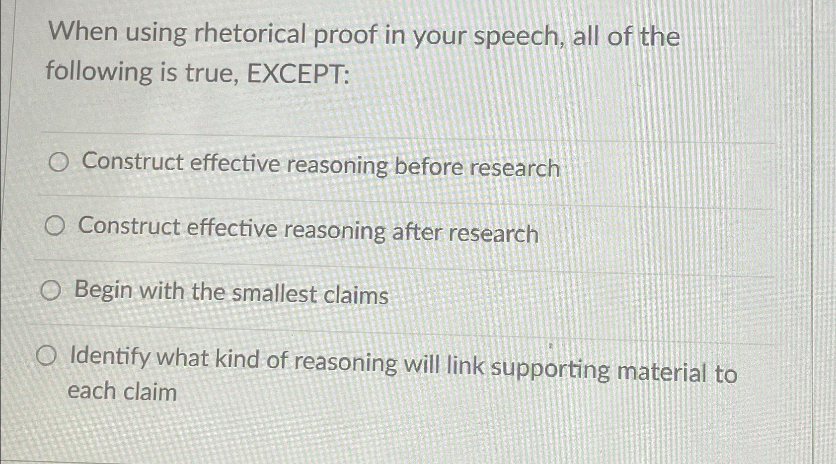 Solved When using rhetorical proof in your speech, all of | Chegg.com