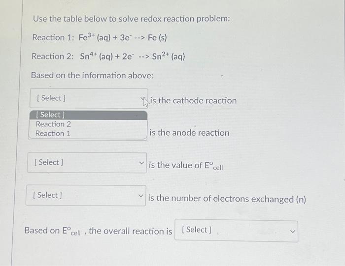 Solved Use the table below to solve redox reaction problem: | Chegg.com