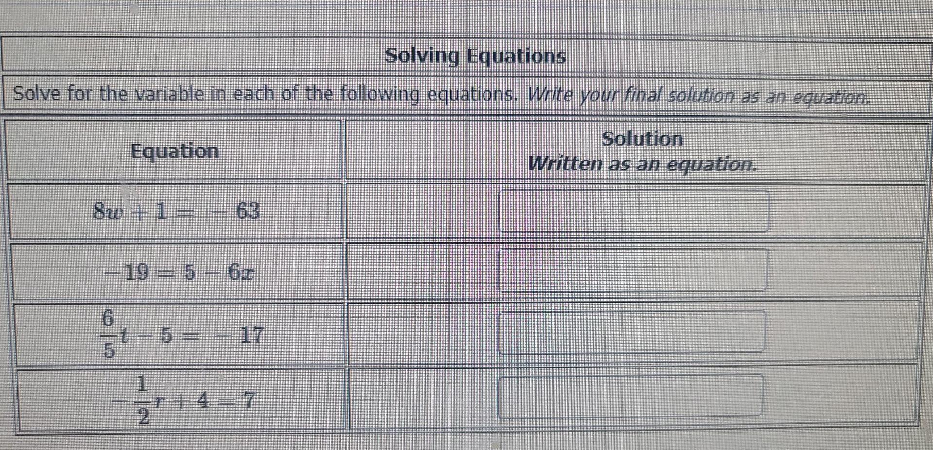 Solved Solving Equations Solve for the variable in each of | Chegg.com