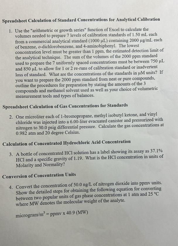 Solved Spreadsheet Calculation of Standard Concentrations | Chegg.com