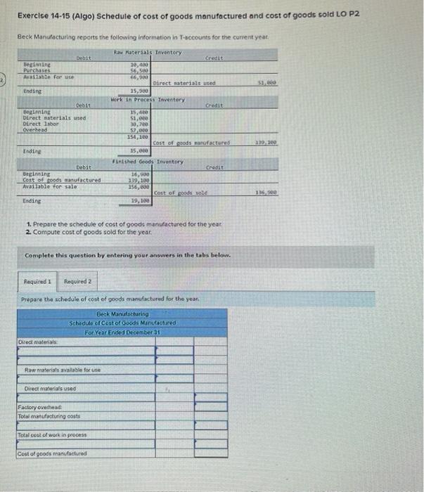 Solved Exercise 14-15 (Algo) Schedule of cost of goods | Chegg.com