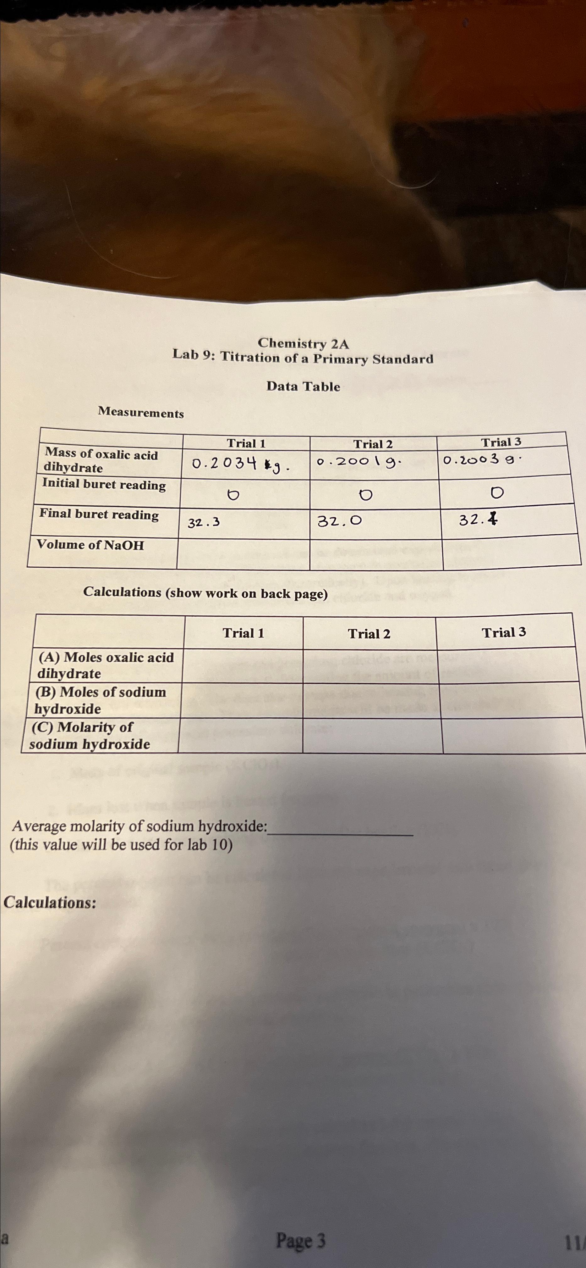 Solved Chemistry 2ALab 9: Titration of a Primary | Chegg.com