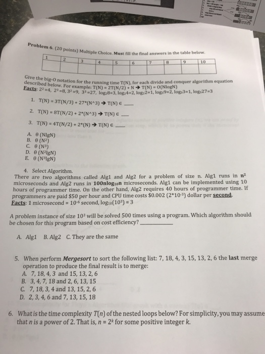 Solved -doudaon Problem 6. (20 points) Multiple Choice. Must | Chegg.com