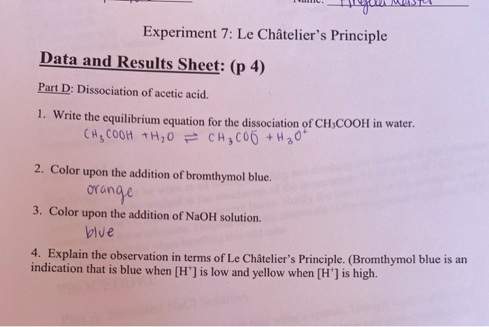 Solved Experiment 7: Le Châtelier's Principle Data and | Chegg.com