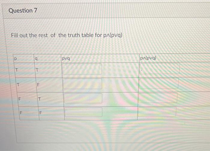 Solved Fill out the rest of the truth table for p∧(pvq) | Chegg.com