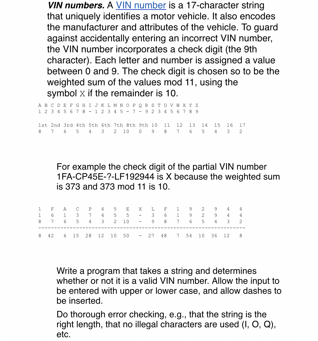 Solved VIN numbers. A VIN number is a 17-character string | Chegg.com