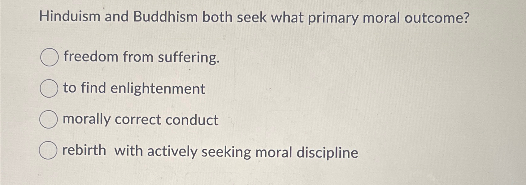 Solved Hinduism and Buddhism both seek what primary moral | Chegg.com