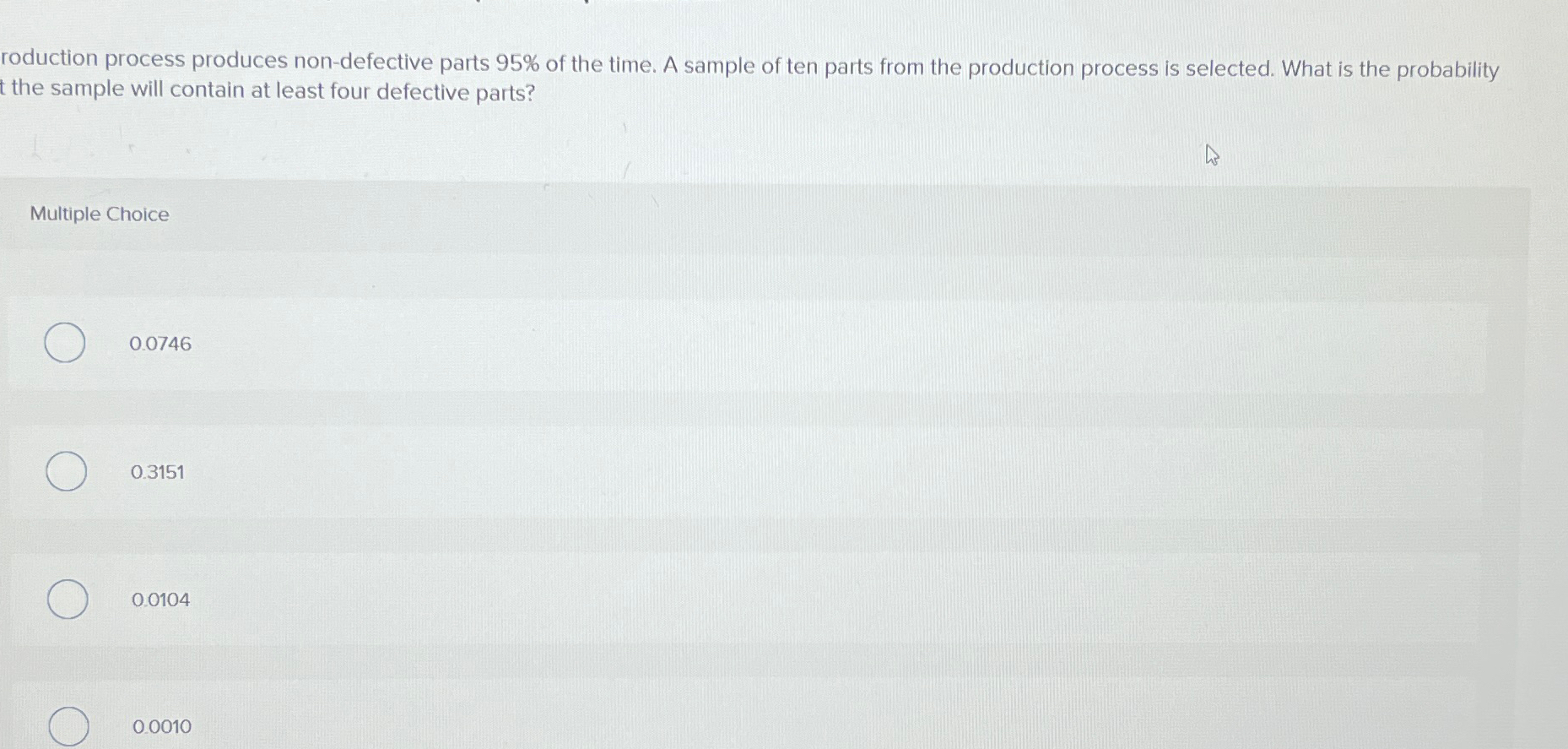 Solved roduction process produces non-defective parts 95% | Chegg.com
