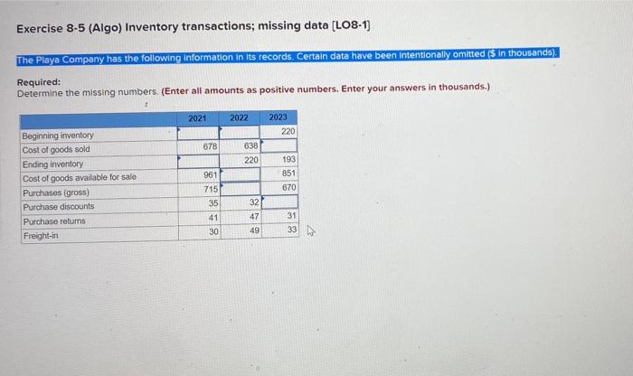 Solved Exercise 8-5 (Algo) Inventory transactions; missing | Chegg.com