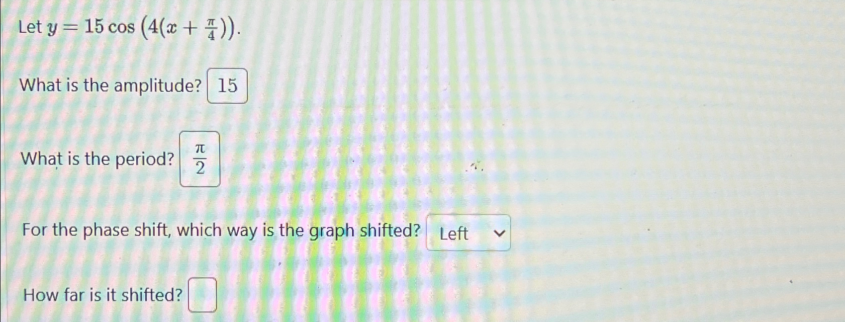 Solved Let y=15cos(4(x+π4)).What is the amplitude?What is | Chegg.com