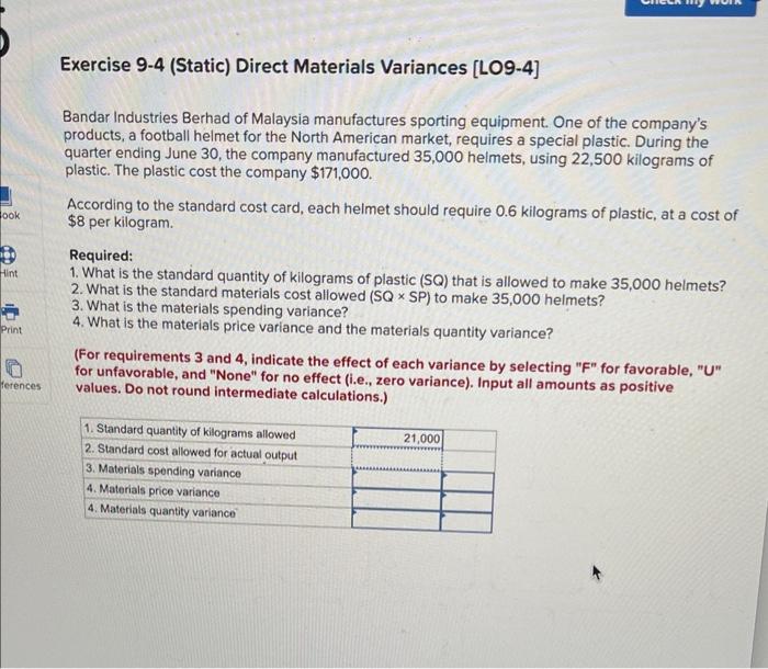 Solved Exercise 9-4 (Static) Direct Materials Variances | Chegg.com