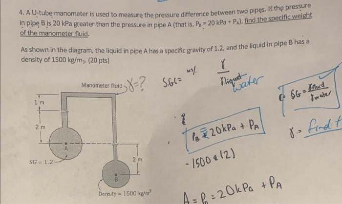 Solved 4. A U-tube manometer is used to measure the pressure | Chegg.com
