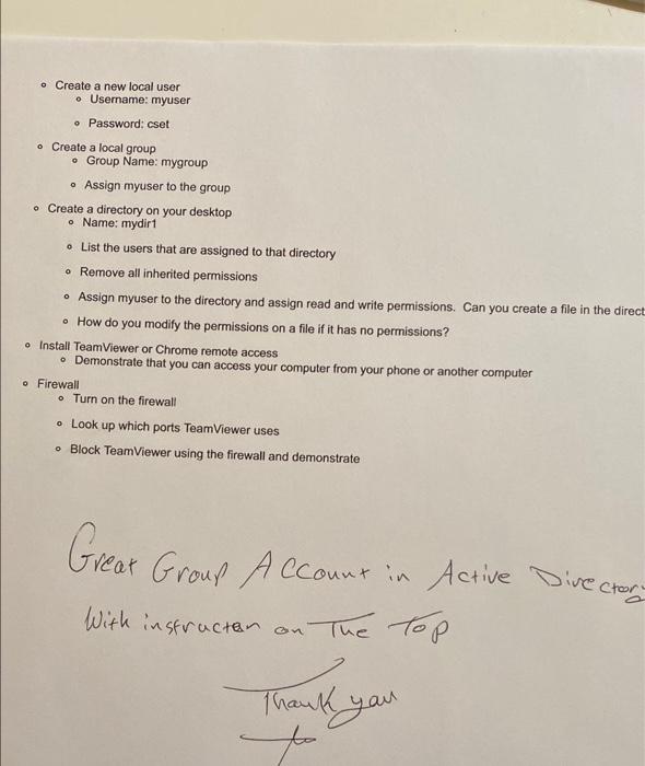 Solved • Create a new local user o Username: myuser • | Chegg.com