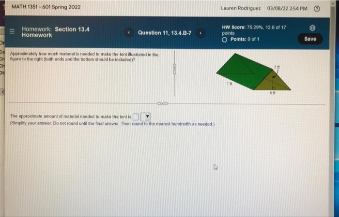 Solved MATH 1351 - 601 Spring 2022 Lauren Rodriguez 03/08/22 | Chegg.com