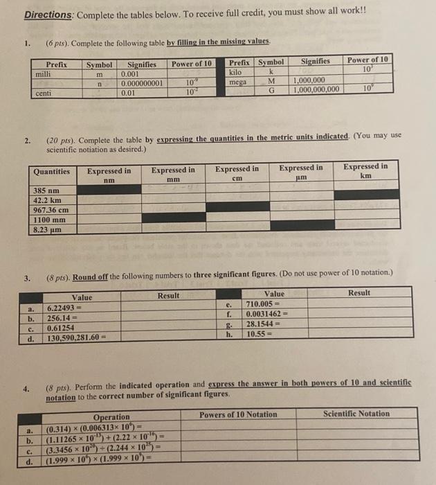 Solved Directions: Complete the tables below. To receive | Chegg.com