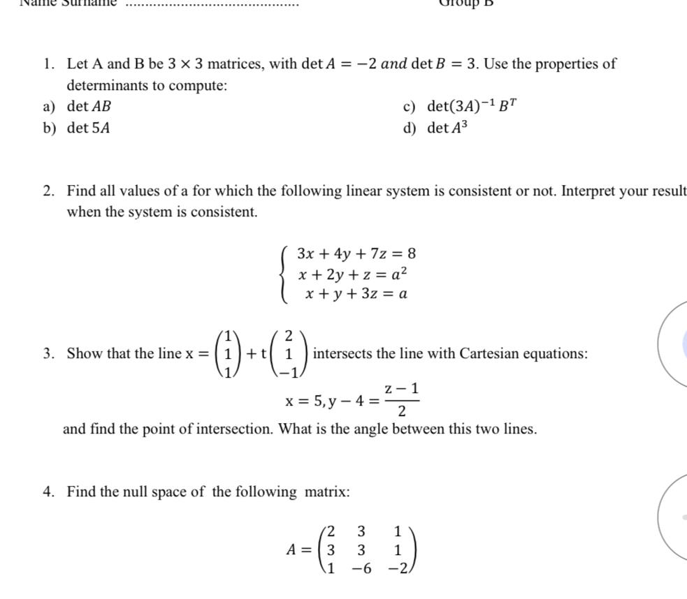 Solved Let A and B ﻿be 3×3 ﻿matrices, with detA=-2 ﻿and | Chegg.com