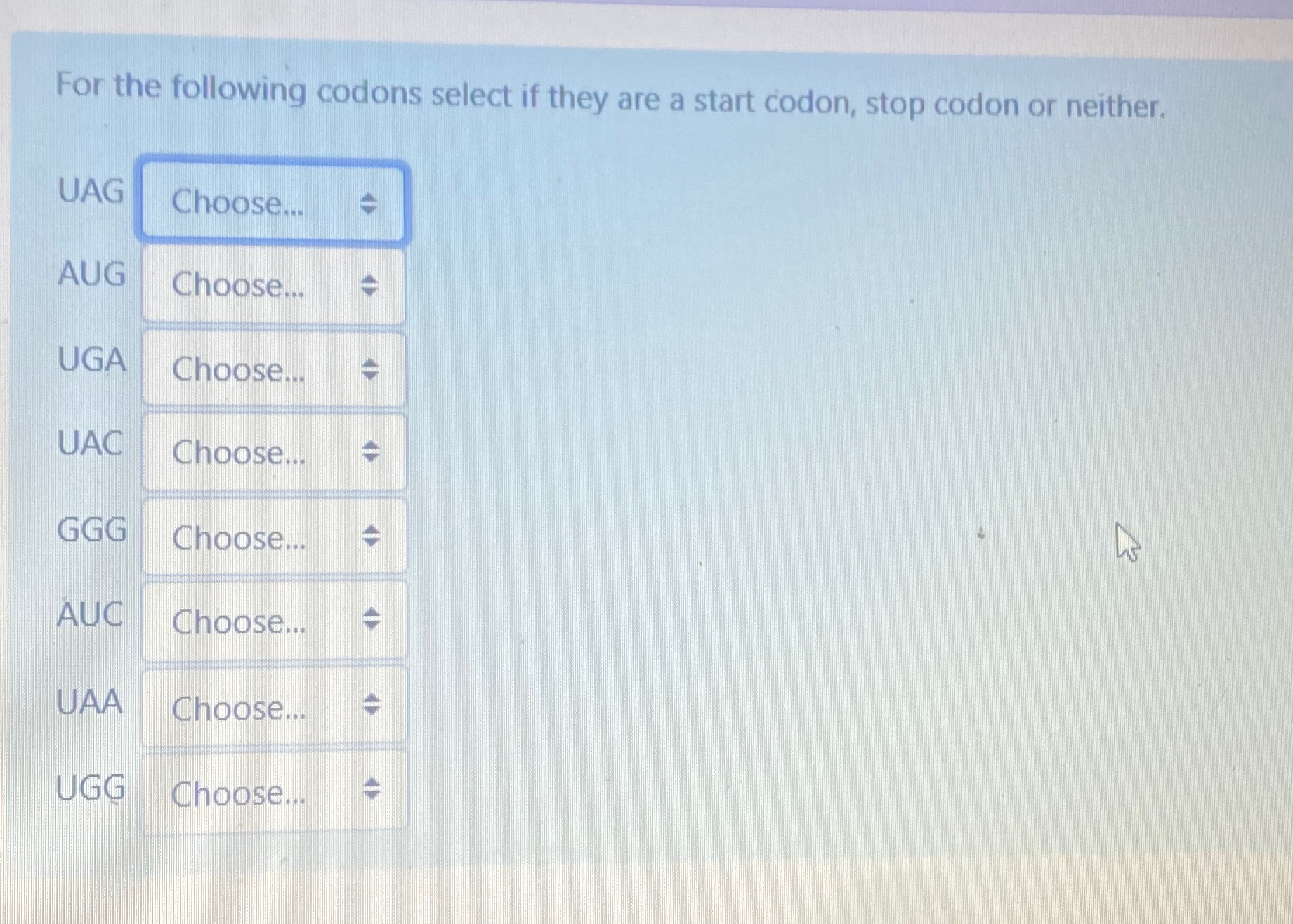 Solved For the following codons select if they are a start | Chegg.com