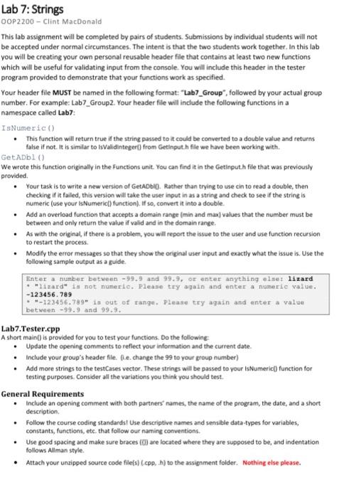 Solved Lab 7: Strings OOP2200 - Clint MacDonald This lab | Chegg.com
