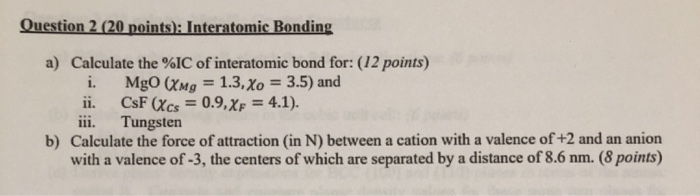 Solved Question 2 (20 points): Interatomic Bonding CsF(Xcs | Chegg.com