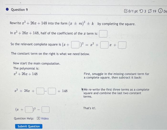Solved Rewrite x2+26x+148 into the form (x±m)2±k by | Chegg.com