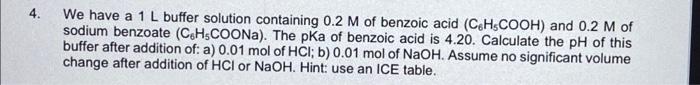 Solved We have a 1 L buffer solution containing 0.2M of | Chegg.com
