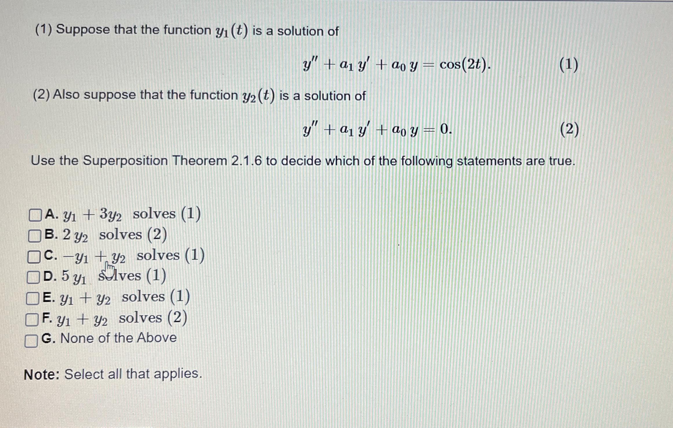 Solved (1) ﻿Suppose that the function y1(t) ﻿is a solution | Chegg.com