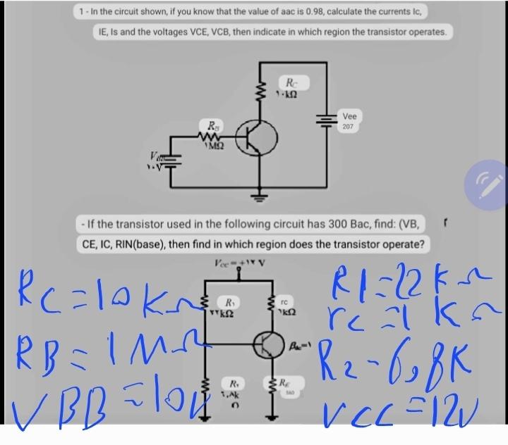 Solved -If the transistor used in the following circuit has | Chegg.com