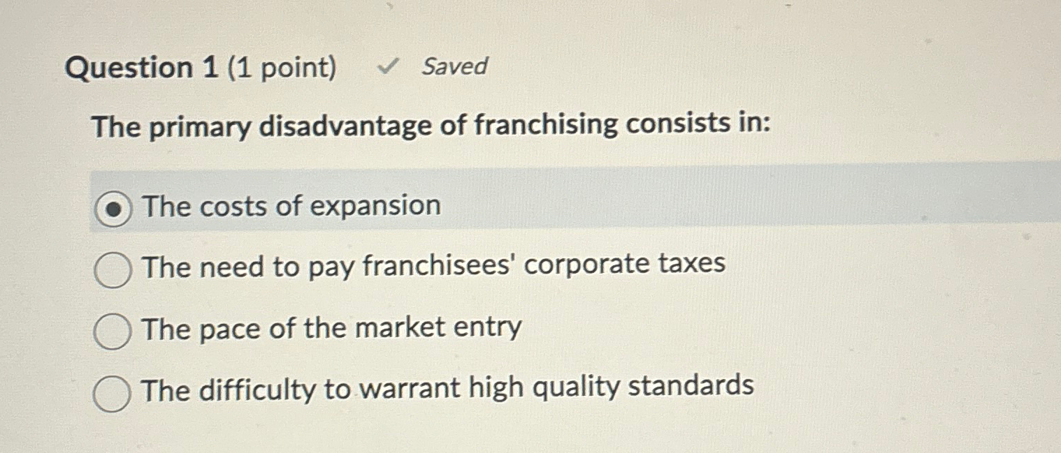 Solved Question 1 (1 ﻿point) ﻿SavedThe primary disadvantage | Chegg.com