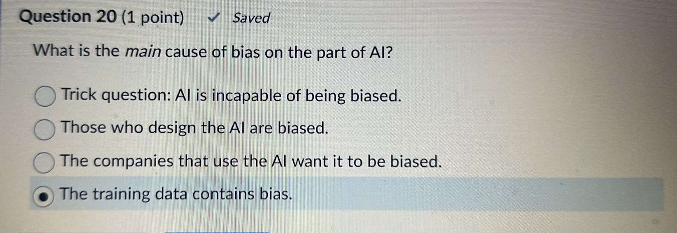 Solved Question 20 (1 ﻿point)What is the main cause of bias | Chegg.com