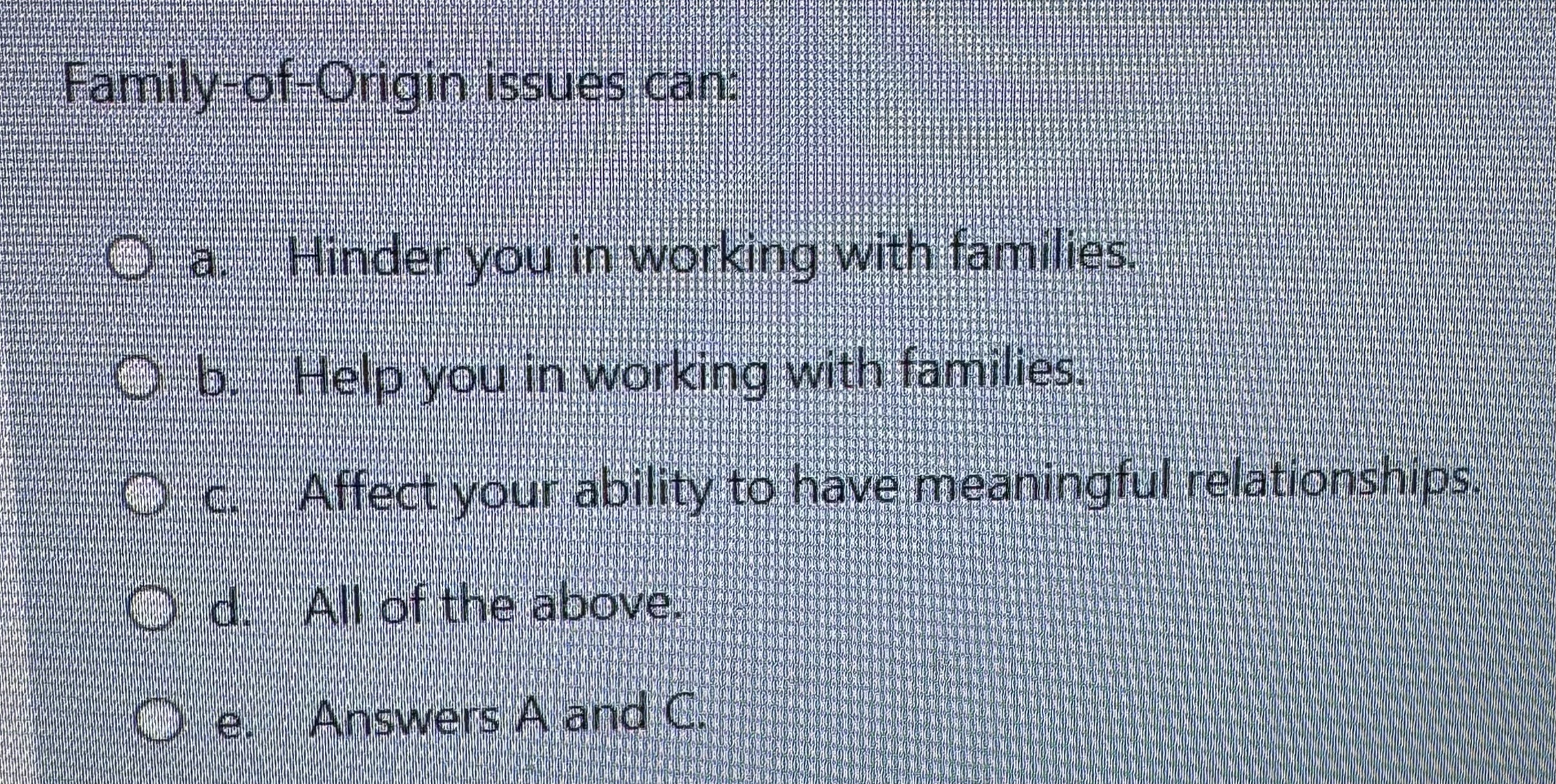 Solved Family of Origin issues can:a. ﻿Hinder you in working | Chegg.com