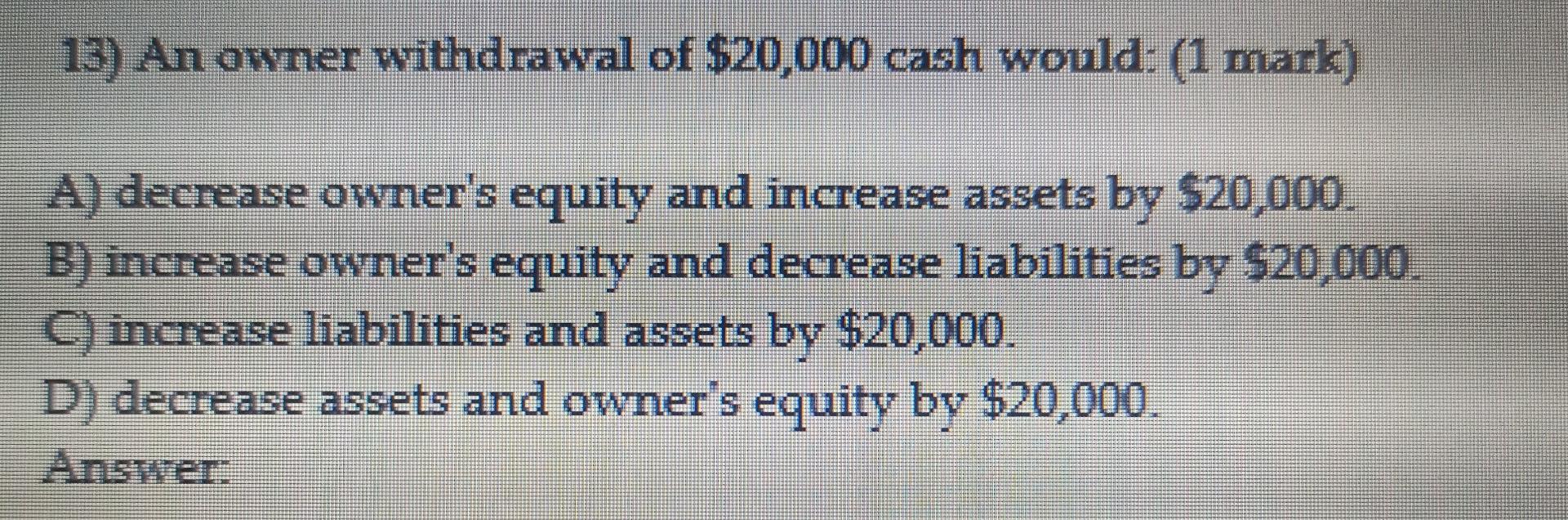 Solved 13) An owner withdrawal of $20,000 cash would: (1 | Chegg.com