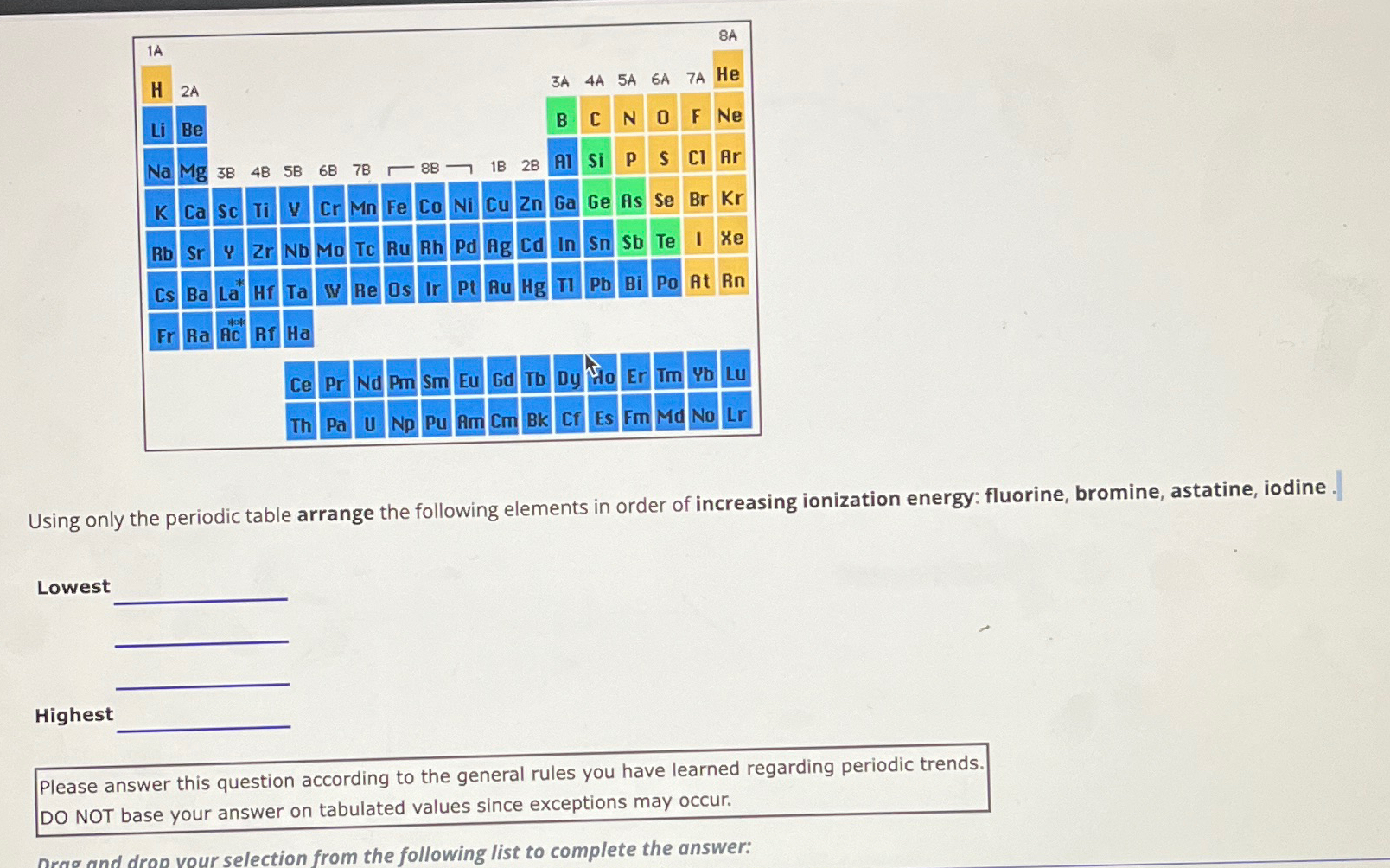 Solved Using only the periodic table arrange the following | Chegg.com