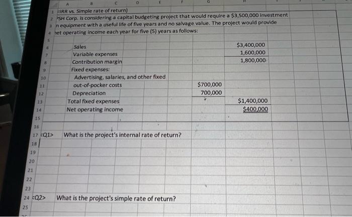 Solved 1 EiRR vs. Simple rate of return) 2. PSH Corp. Is | Chegg.com