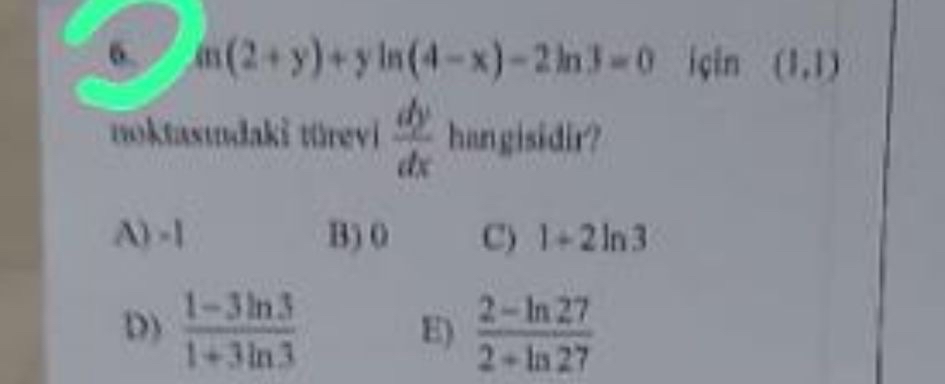 Solved sin(2+y)+yln(4-x)-2ln3=0 ﻿icin (1,1) ﻿noktasındaki | Chegg.com