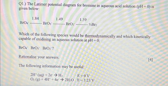 Solved Q1.) The Latimer potential diagram for bromine in | Chegg.com