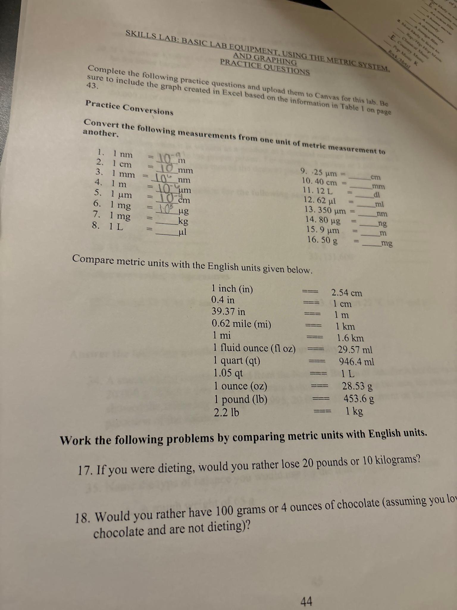 Solved SKILLS LAB: BASIC LAB EQUIPMENT, USING THE METRIC | Chegg.com