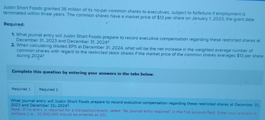 Solved Justin Short Foods granted 36 ﻿million of its no-par | Chegg.com