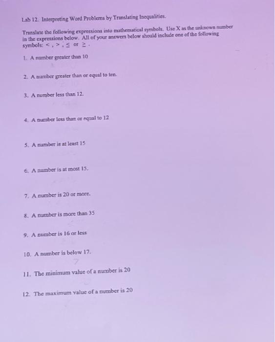 Solved Lab 12. Interpreting Word Problems by Translating | Chegg.com