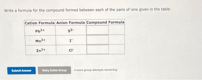 Solved Write a formula for the compound formed between each | Chegg.com