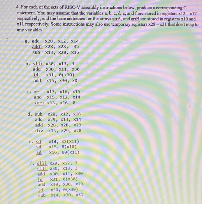Solved e 4. For each of the sets of RISC-V assembly | Chegg.com
